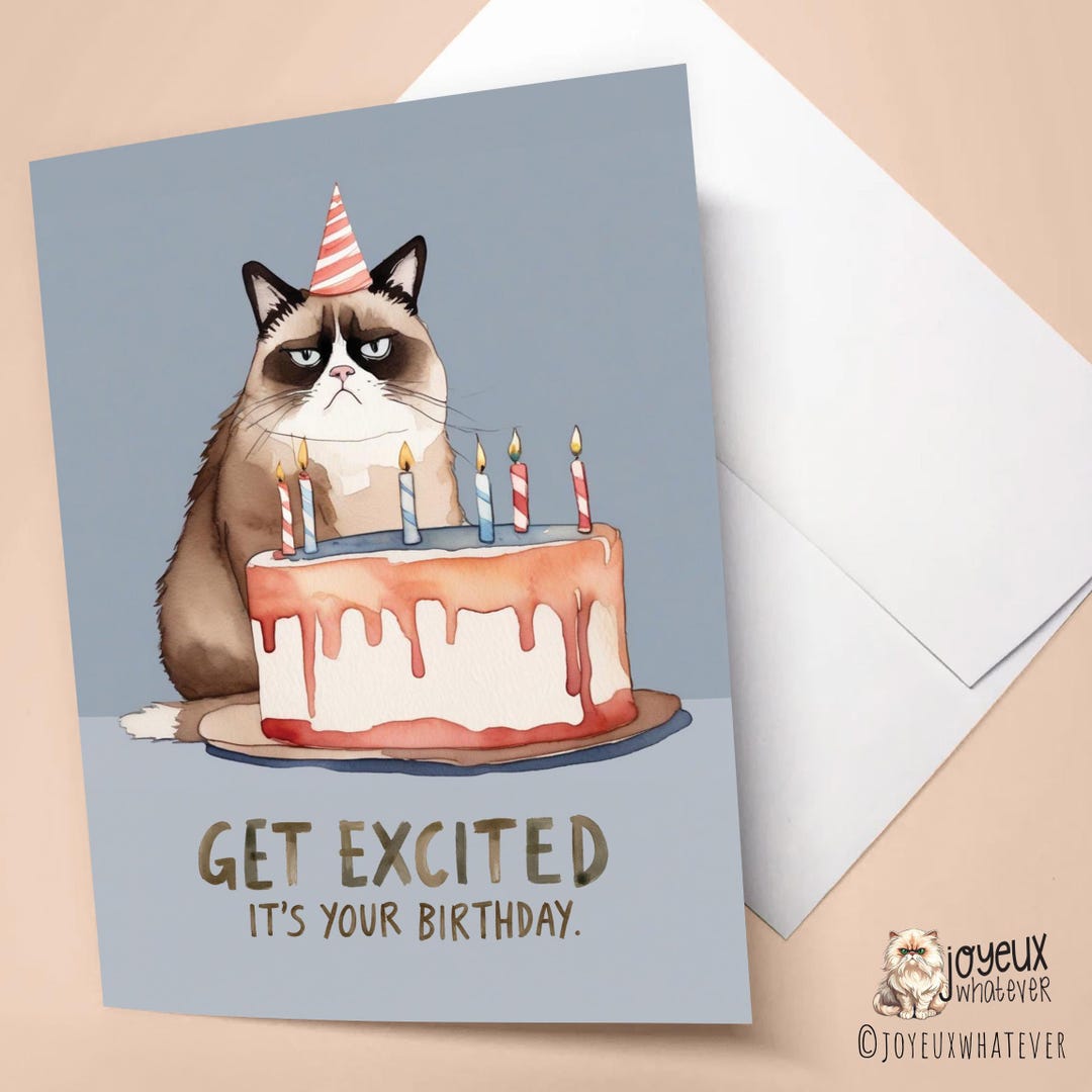 Get Excited BIRTHDAY CARD Grumpy Birthday Cat - Etsy
