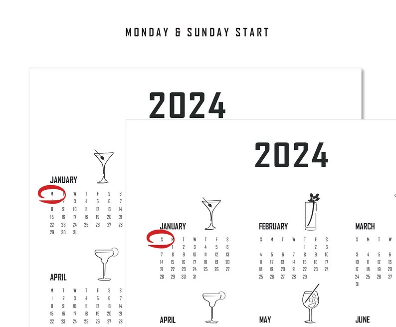 2024 Printable Cocktail Calendar, Modern Wall Calendar, Year at a ...