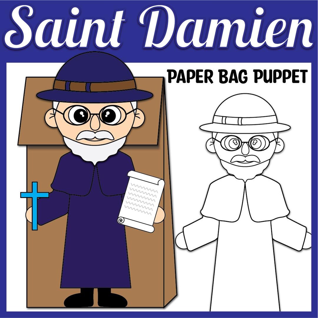 Saint Damien Paper Bag Puppet Printable Activities, Catholic All Saints ...
