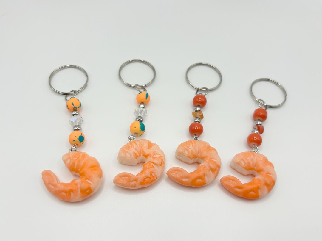 Shrimp Keychain Handmade With Orange Beads and Silver Colored Ring Over ...