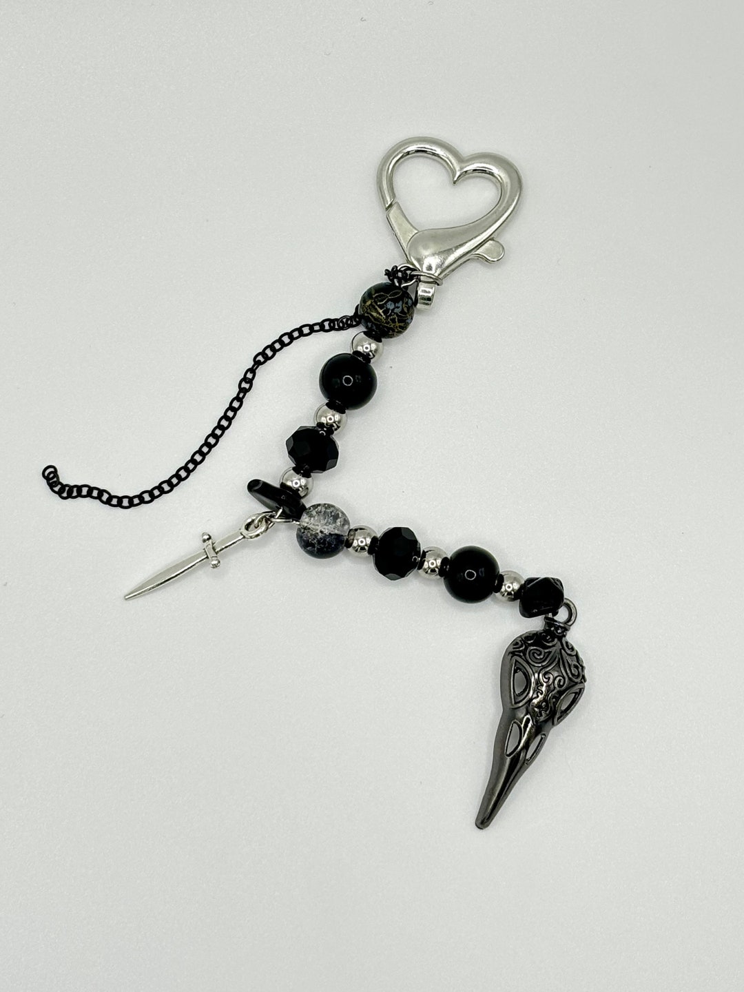 Skull and Dagger Handmade Keychain Black Beads Dagger Charm Skull Charm ...