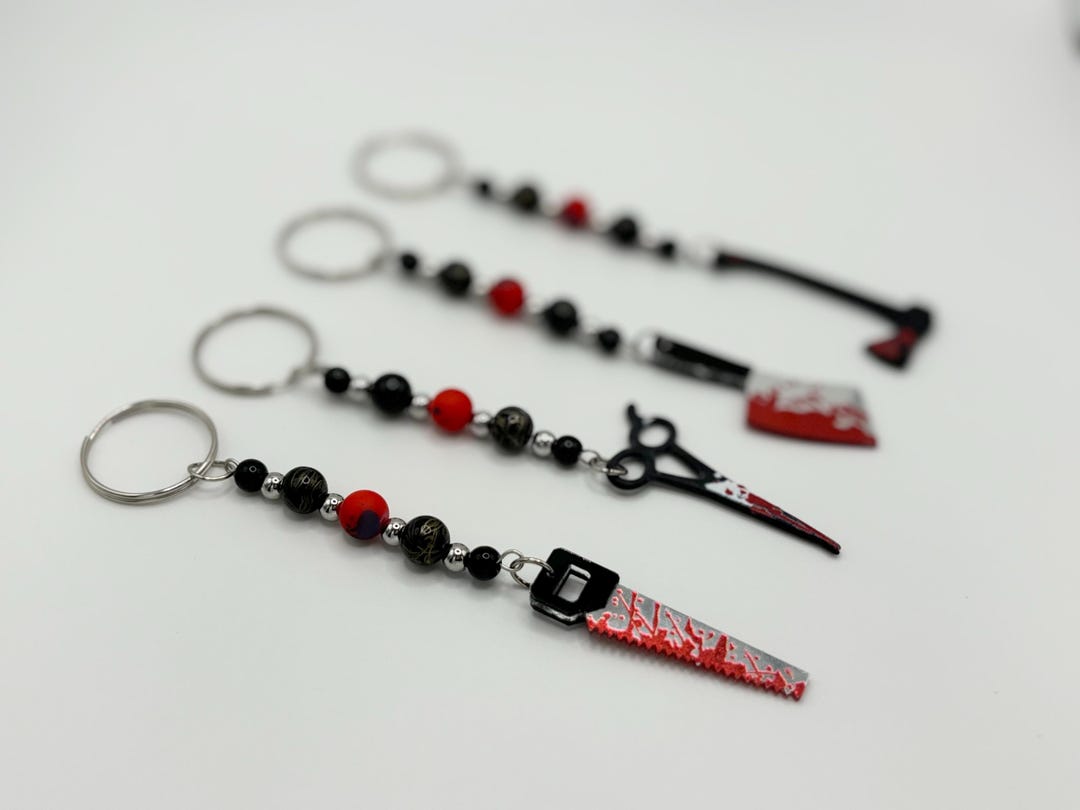 Bloody Knife Keychain Handmade 5 Inch Long With Black Red Beads Spooky ...