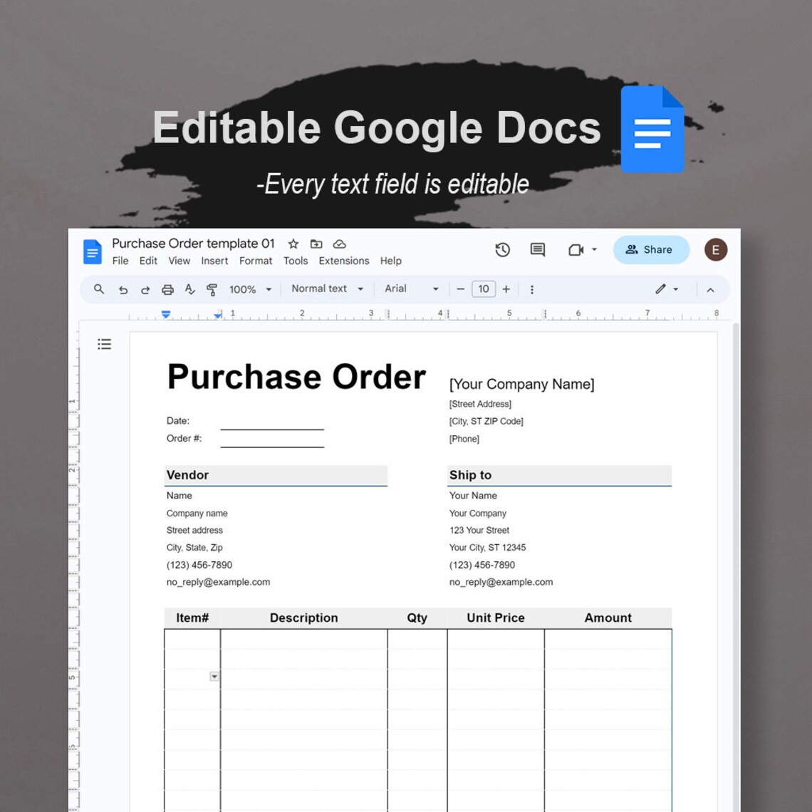 Purchase Order | Order Form Editable | Editable & Printable PDF/ MS Word/ MS Excel / Google Docs ...