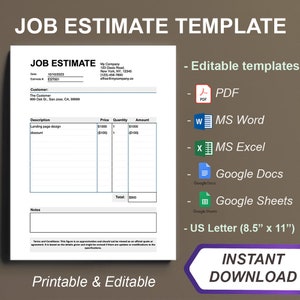 Job Estimate Template Contractor Estimate Job Estimate Editable ...