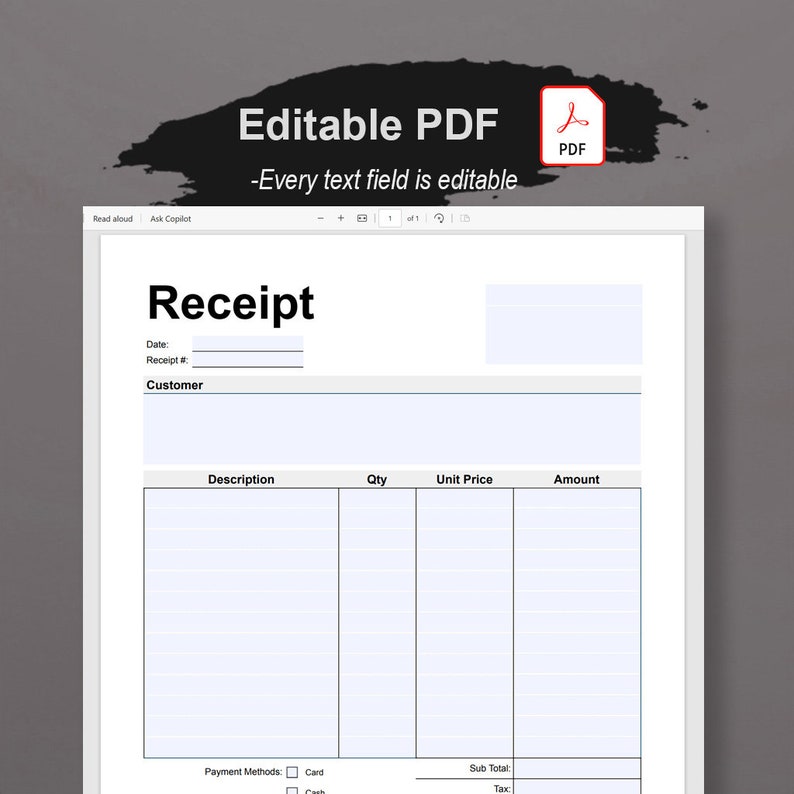 Business Receipt Order Form Editable & Printable PDF/ MS Word/ MS Excel ...