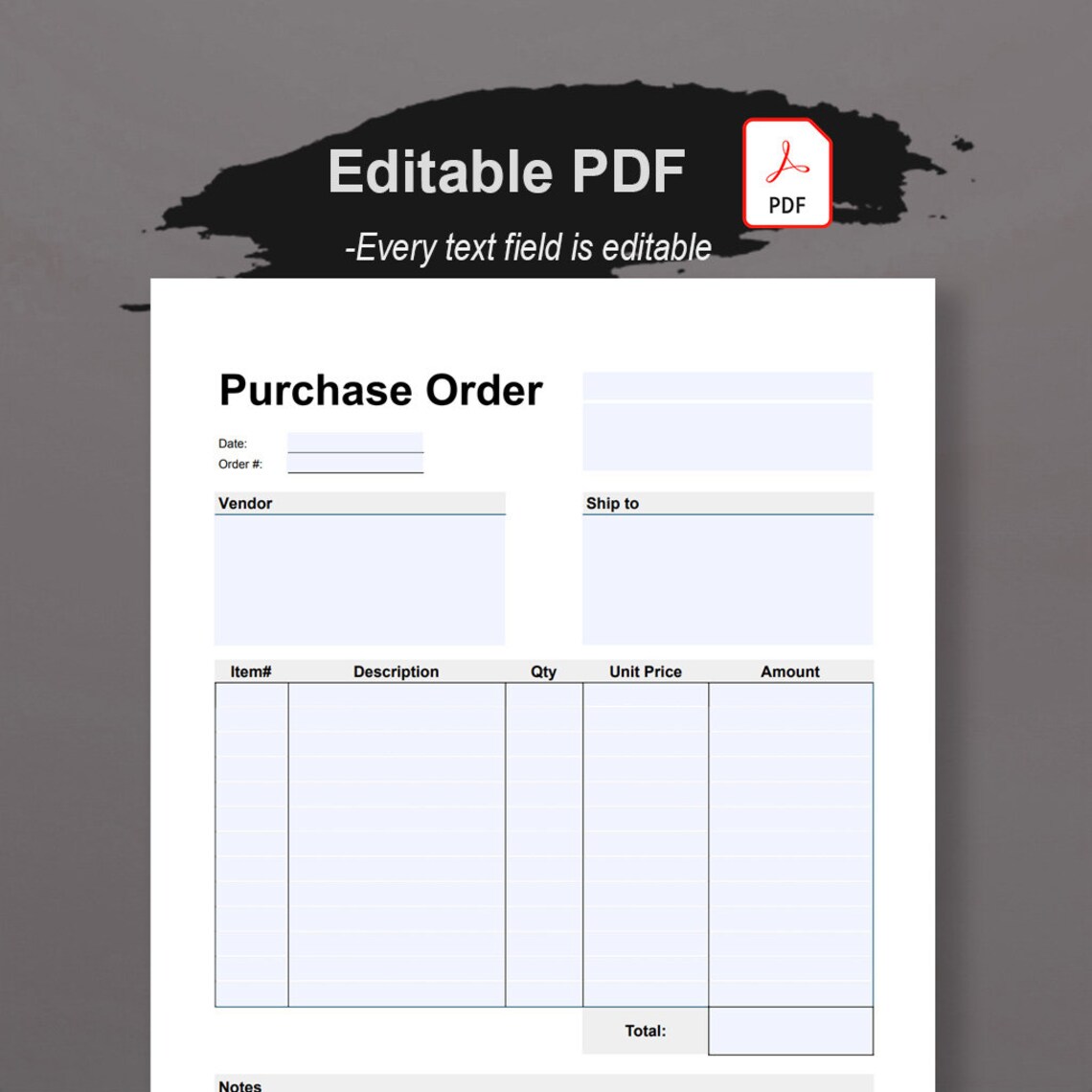 Purchase Order | Order Form Editable | Editable & Printable PDF/ MS Word/ MS Excel / Google Docs ...