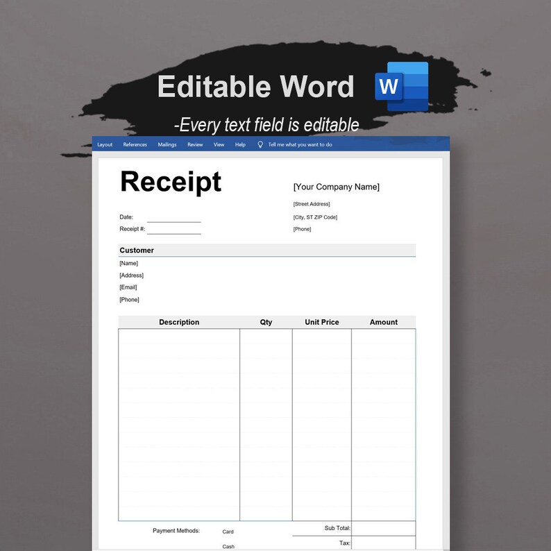 Business Receipt Order Form Editable & Printable PDF/ MS Word/ MS Excel ...