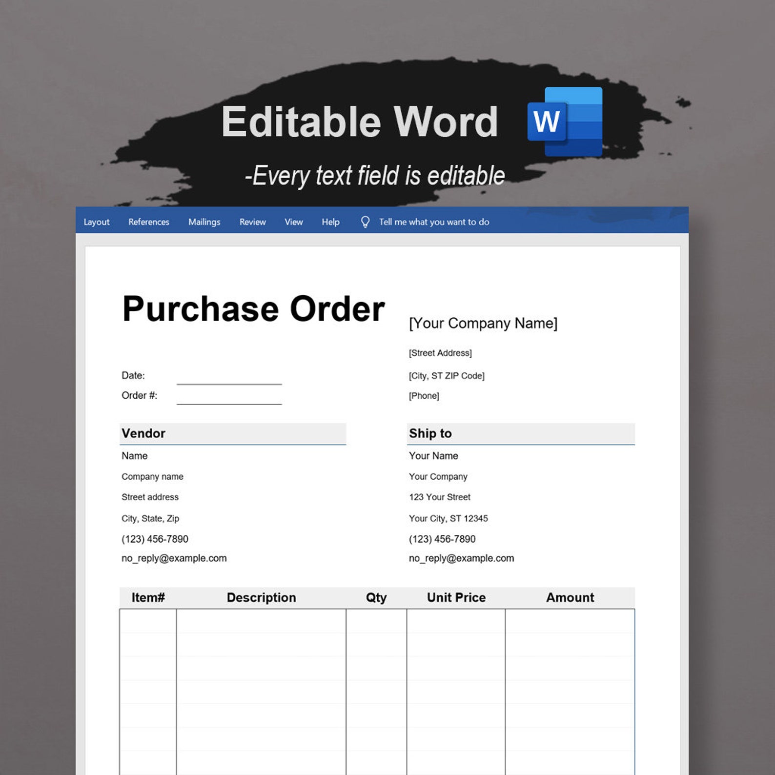 Purchase Order | Order Form Editable | Editable & Printable PDF/ MS ...