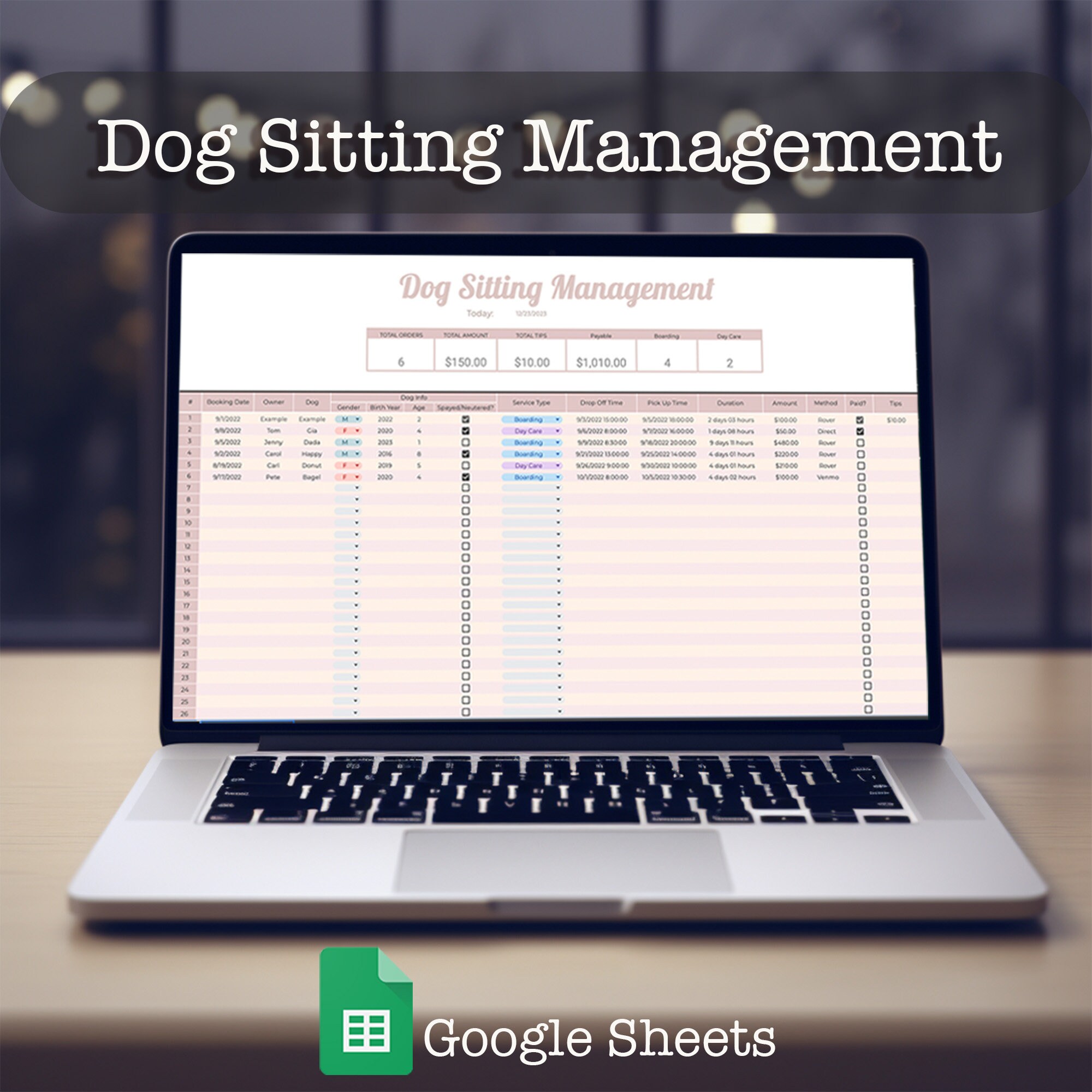 Dog Sitting Management Spreadsheet for Dog Sitter Tool for Rover Sitter ...