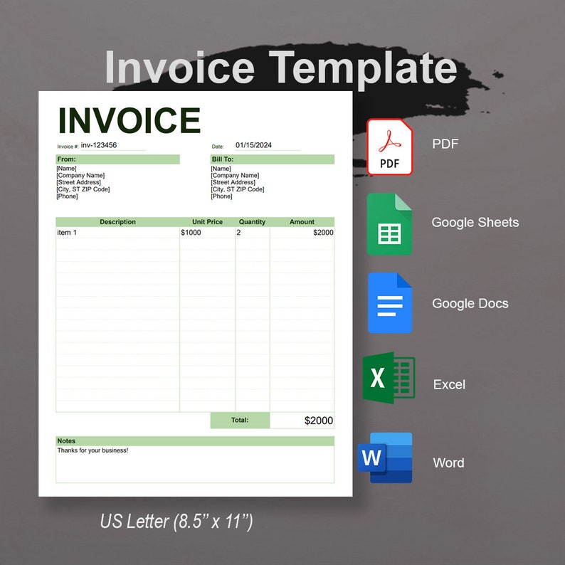 Business Invoice Simple Invoice Template Editable & Printable PDF/ MS ...