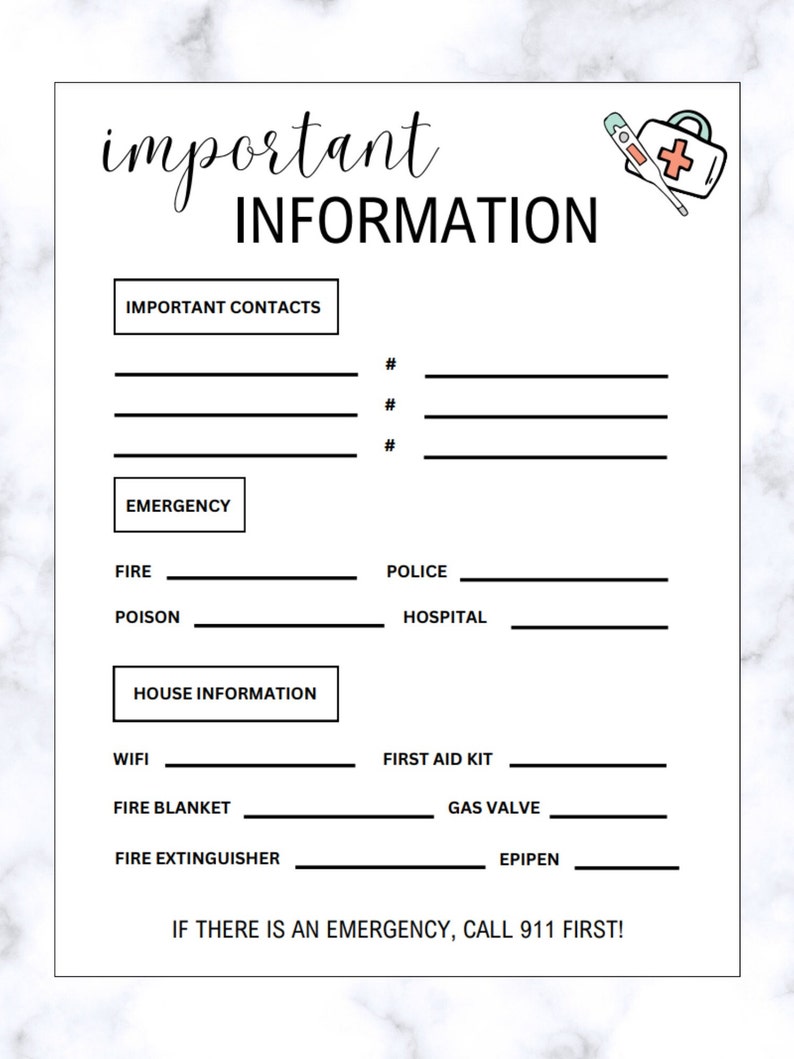 Important Information Printable | Emergency Info Sheet | Babysitter ...