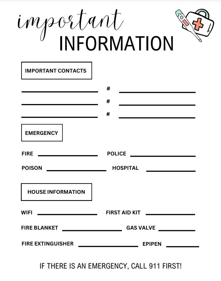 Important Information Printable | Emergency Info Sheet | Babysitter ...