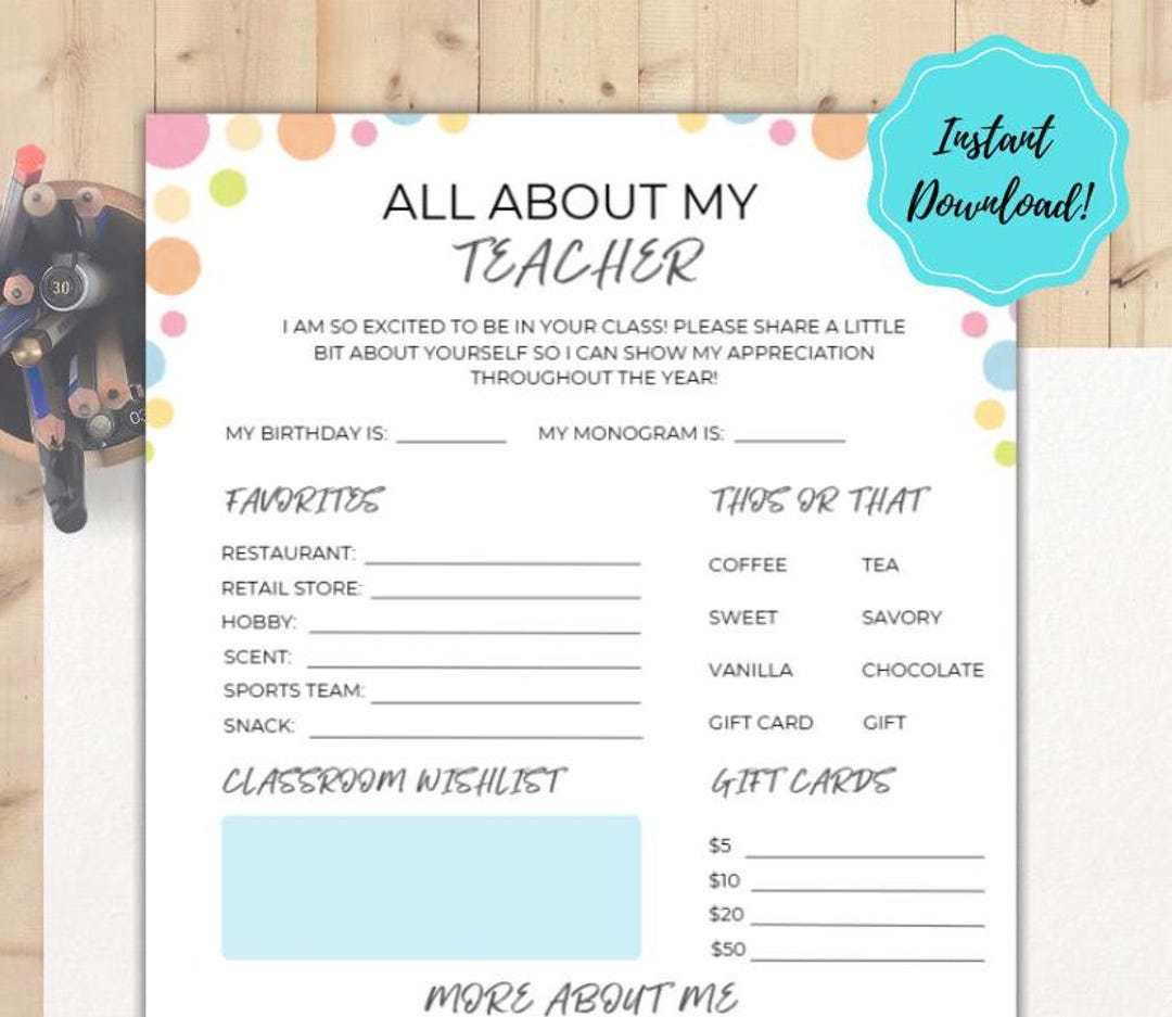 All About My Teacher! | Easy, Simple Printable | Instant Download - Etsy
