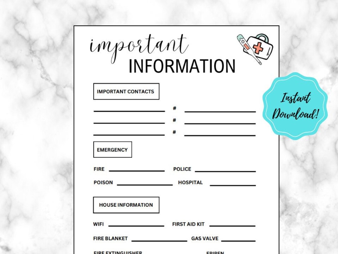 Important Information Printable | Emergency Info Sheet | Babysitter ...
