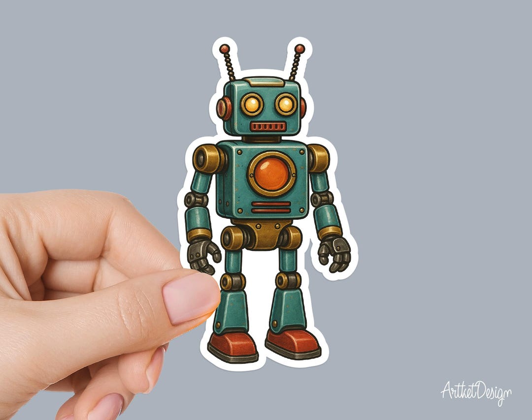 Retro Robot Sticker – Vintage Sci-fi Bot Decal – Teal & Brass Robot ...