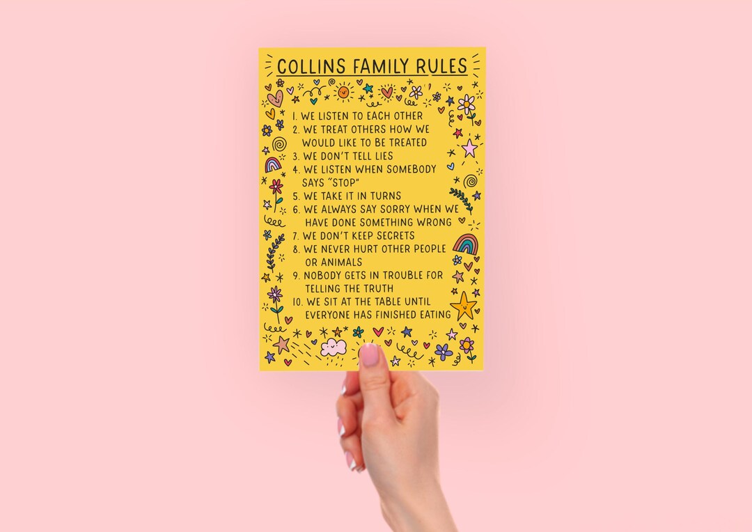 Custom Family Rules Wall Print, Personalised Kids Decor, Bright Doodles ...