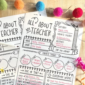 Teacher Favorite Things Worksheet, All About My Teacher Sheet, PTO ...
