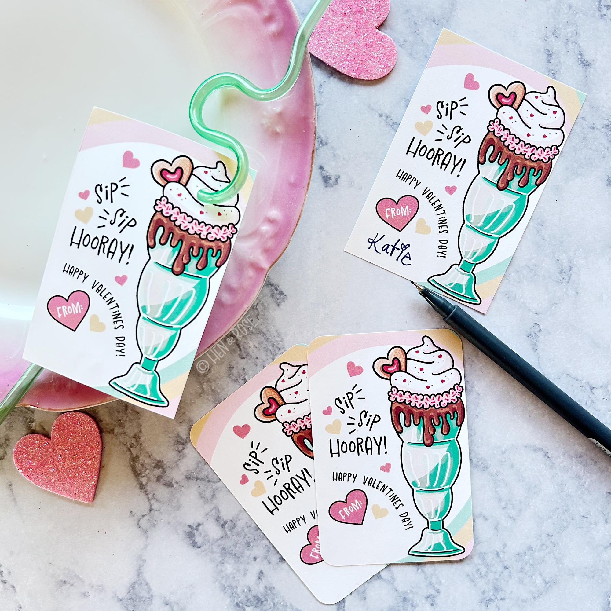 Sip Sip Hooray Valentines Day Card Printable, Silly Straw Gift Tag, Kid ...