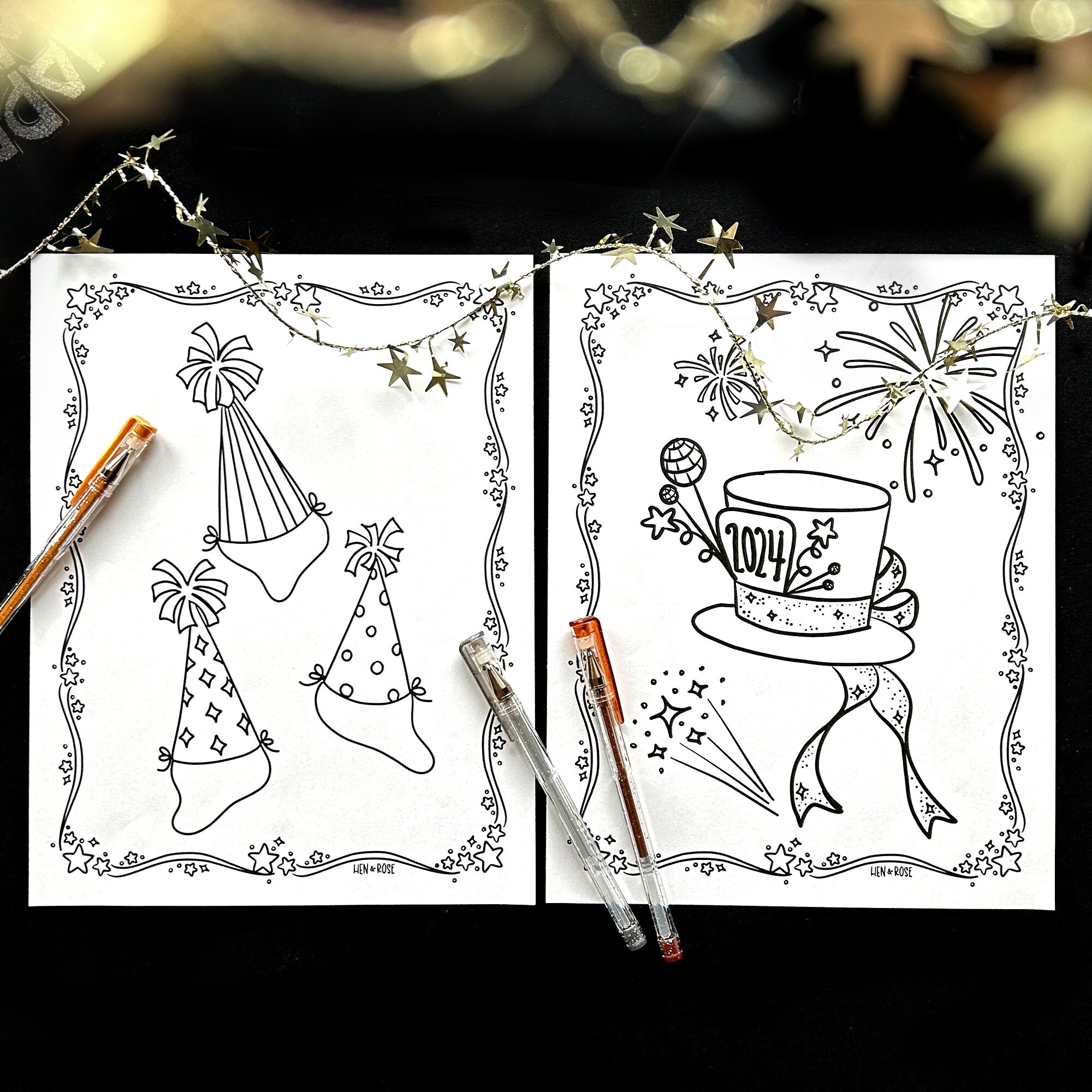 10 New Years Eve Coloring Pages Hand Drawn Illustrations Noon Years Eve ...