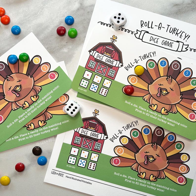 Roll A Turkey Dice Game Printable, Kid Thanksgiving Table Party Game ...