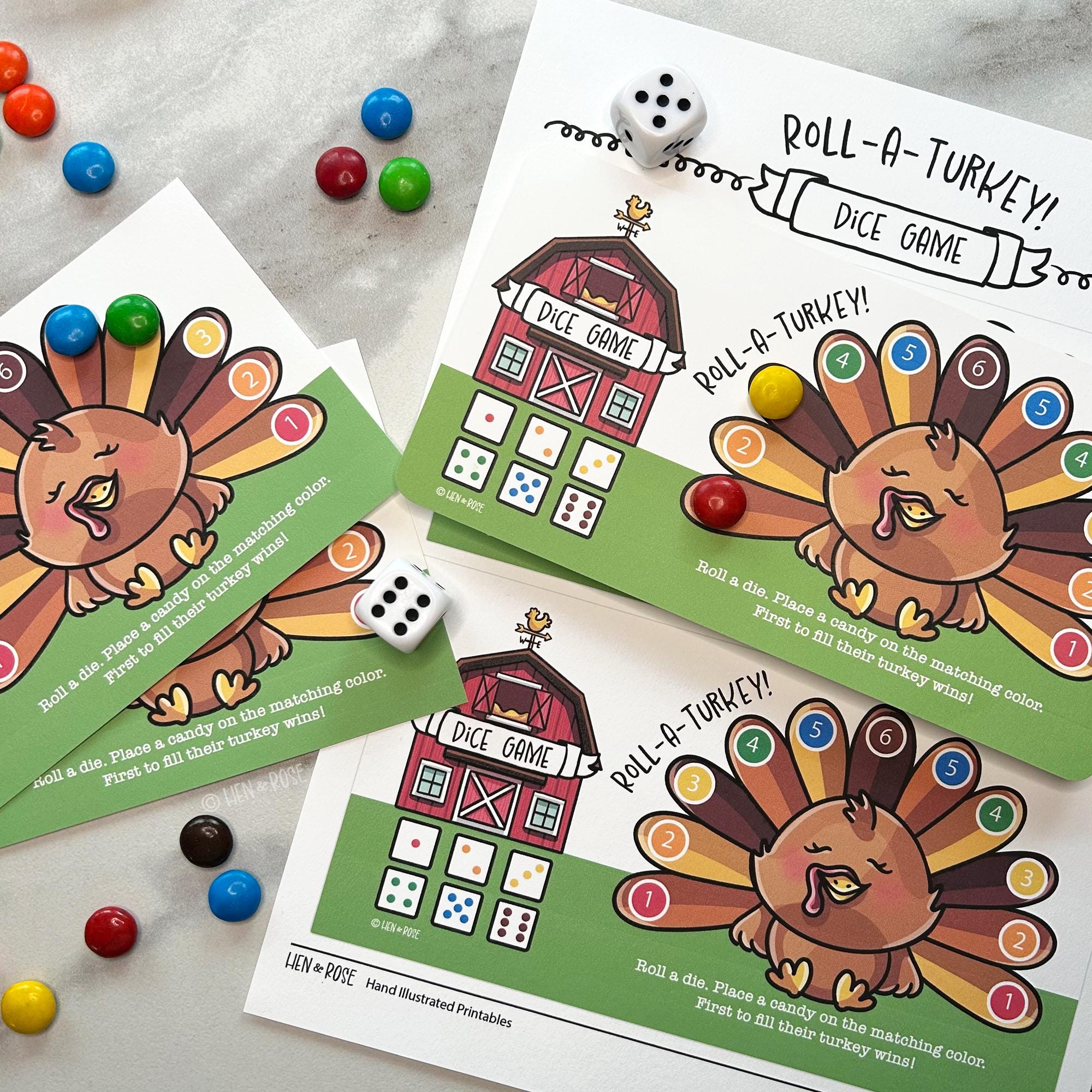Roll A Turkey Dice Game Printable, Kid Thanksgiving Table Party Game ...