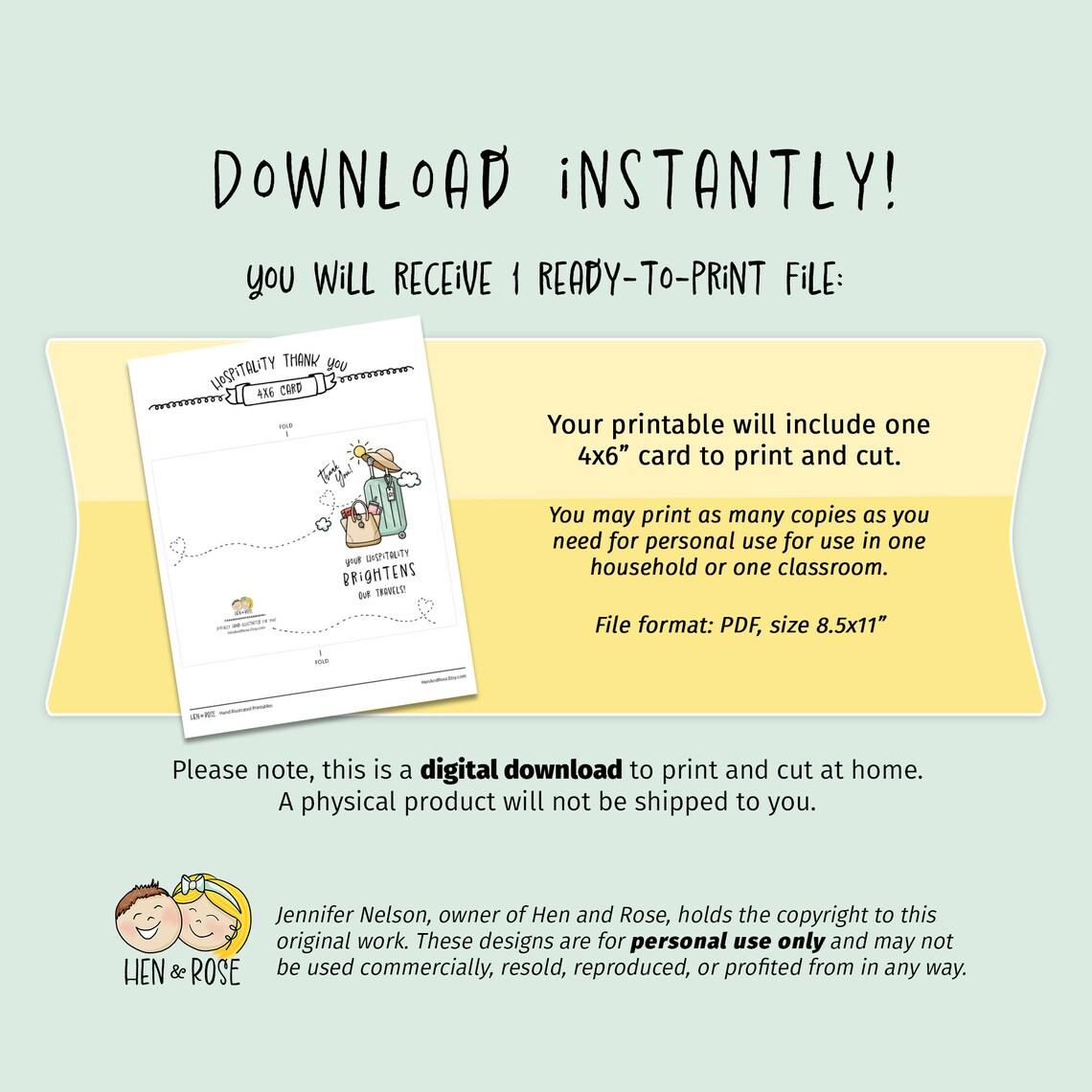 Printable Hospitality Thank You Card, Hotel Staff Flight Crew Care ...
