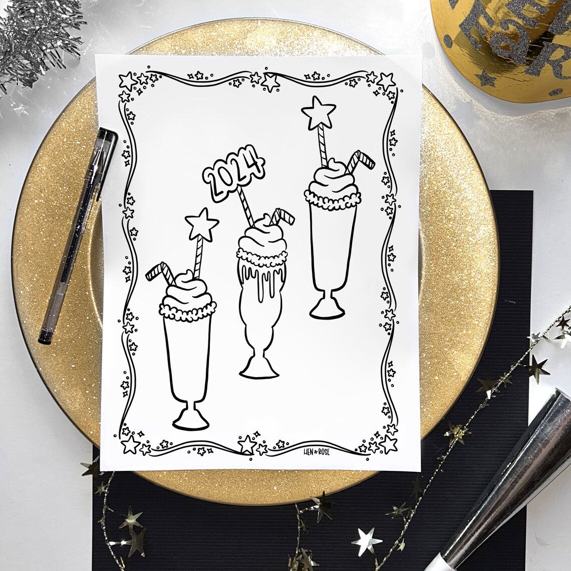 10 New Years Eve Coloring Pages Hand Drawn Illustrations Noon Years Eve ...