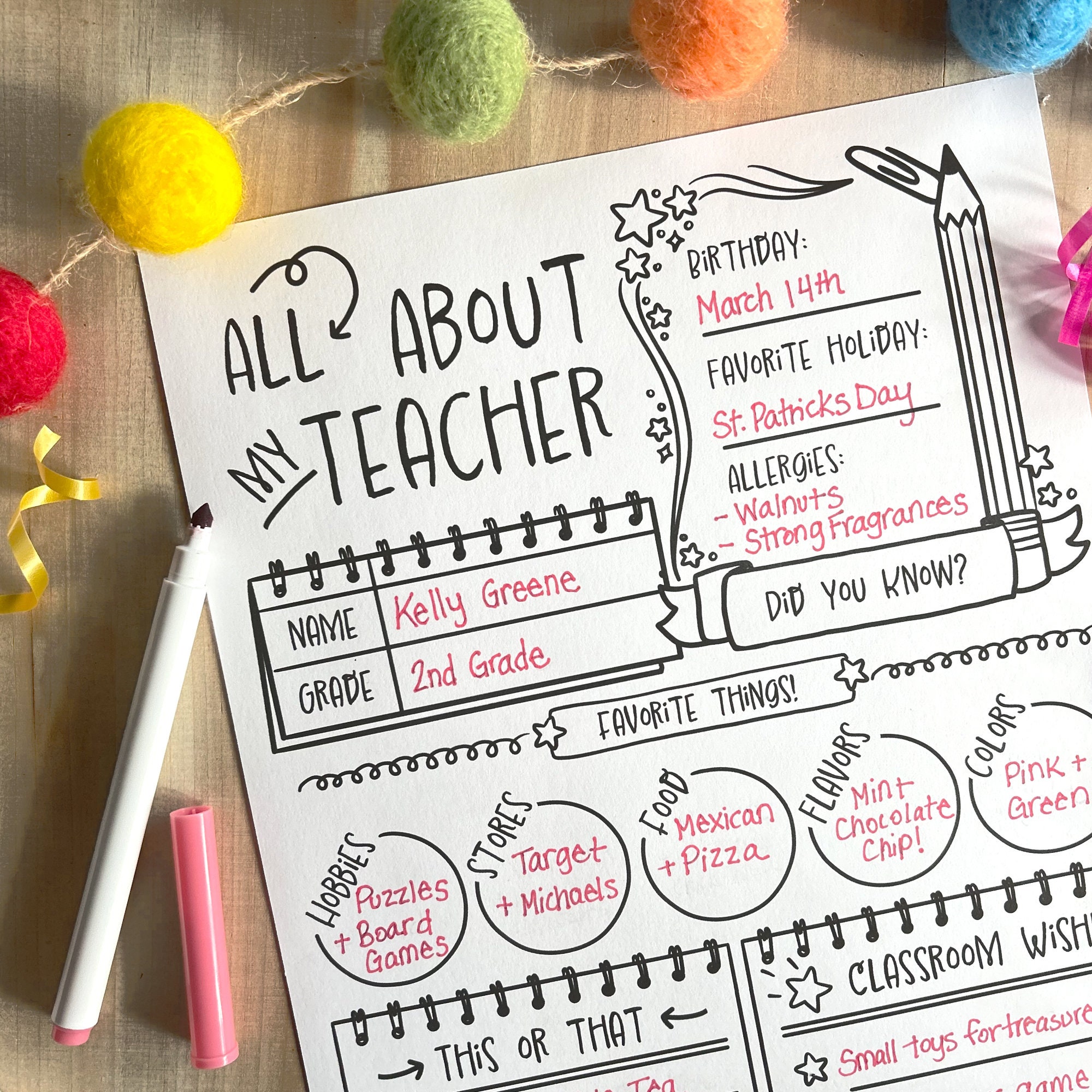 Teacher Favorite Things Worksheet, All About My Teacher Sheet, PTO ...