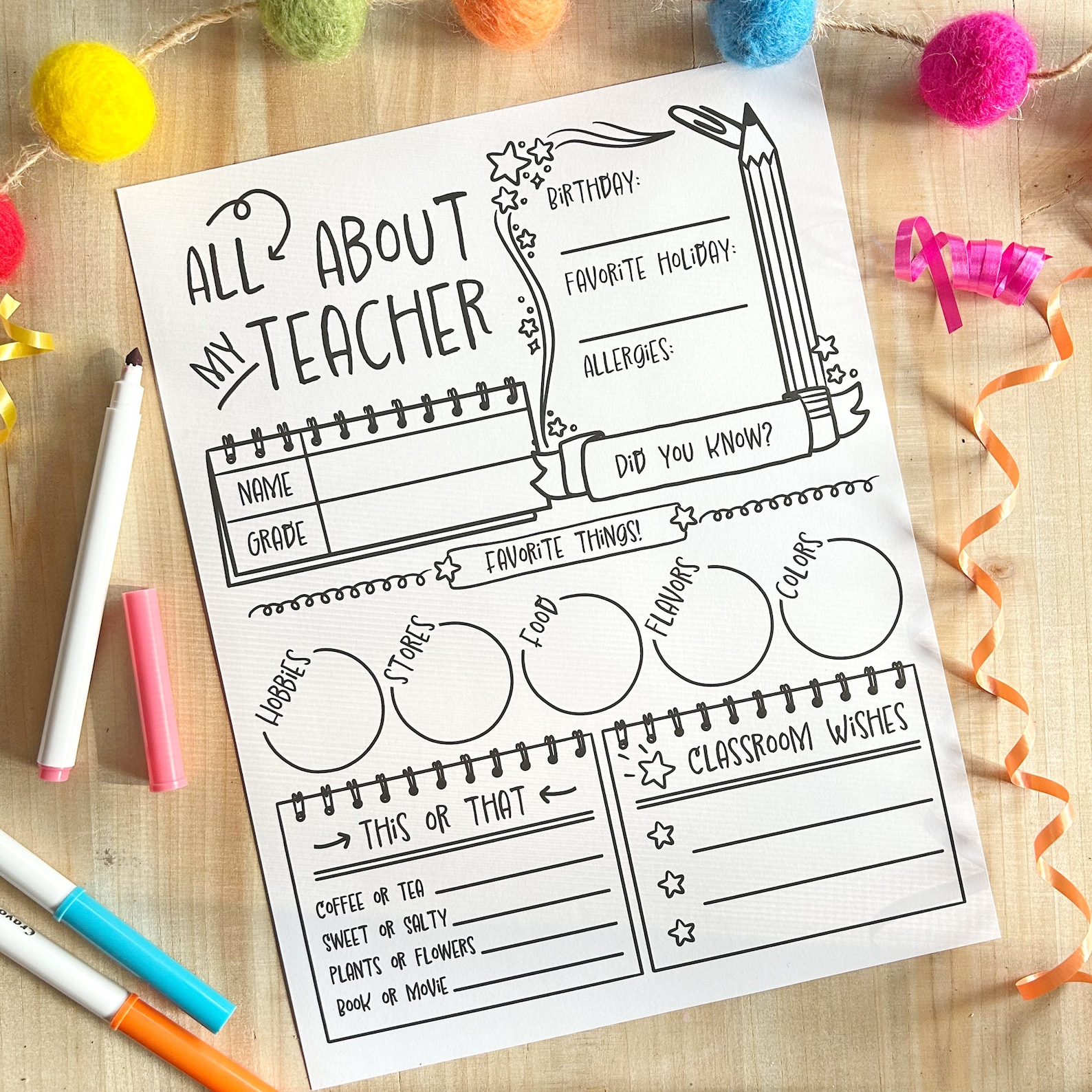 Teacher Favorite Things Worksheet, All About My Teacher Sheet, PTO ...