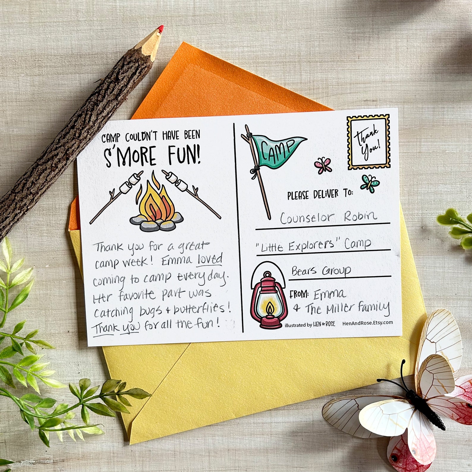 Printable Camp Thank You Card, Hand Drawn Counselor Postcard, Volunteer ...