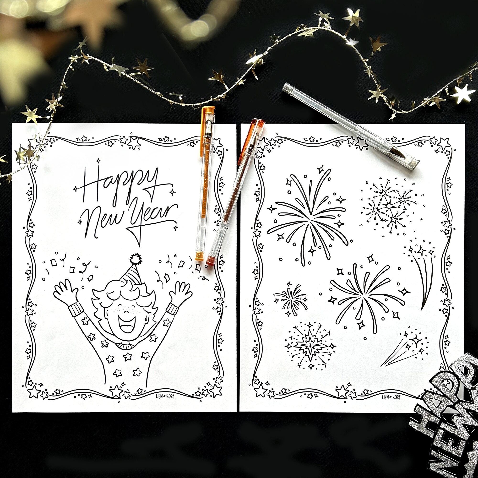 10 New Years Eve Coloring Pages Hand Drawn Illustrations Noon Years Eve ...