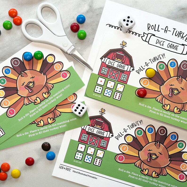 Roll A Turkey Dice Game Printable, Kid Thanksgiving Table Party Game ...
