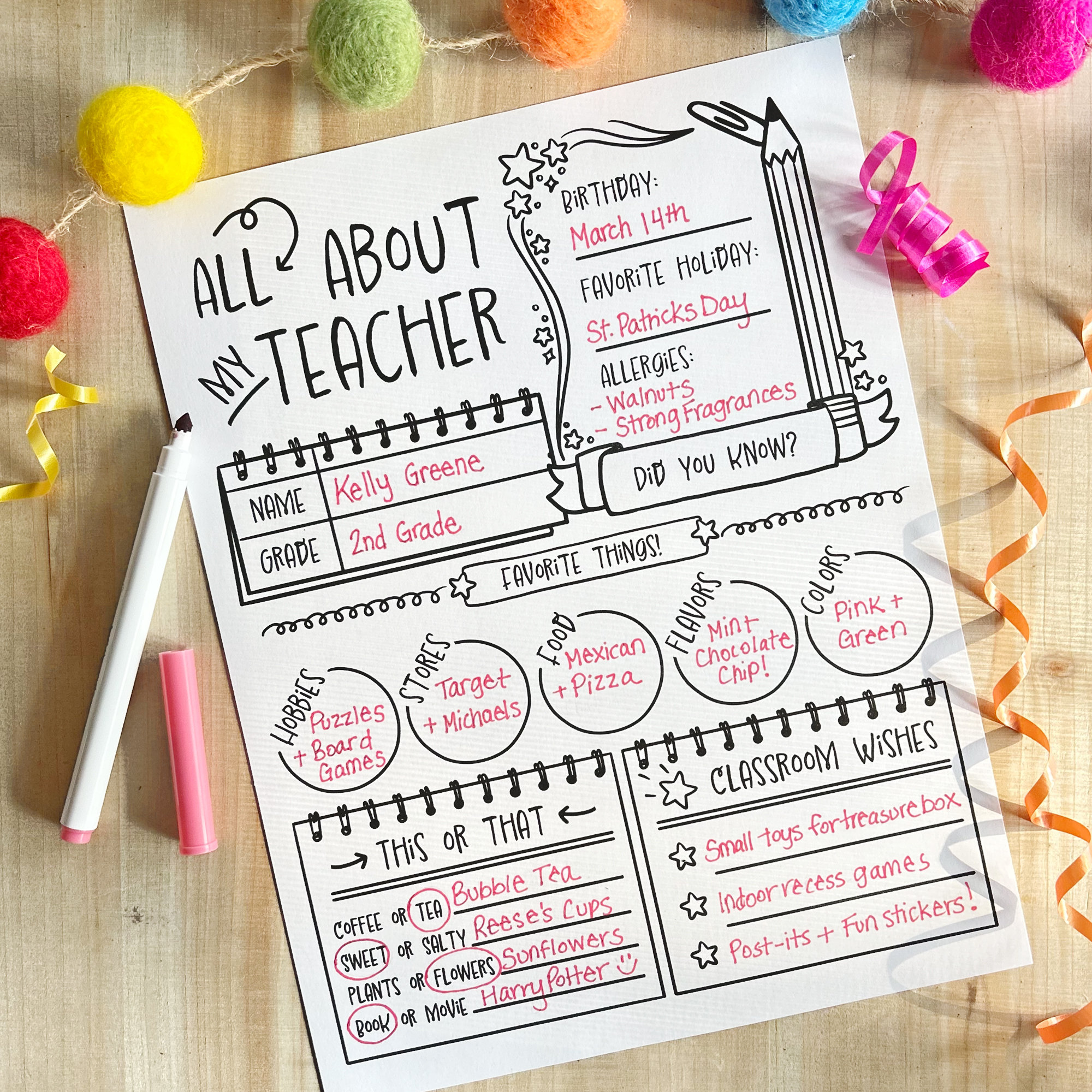 Teacher Favorite Things Worksheet, All About My Teacher Sheet, PTO ...