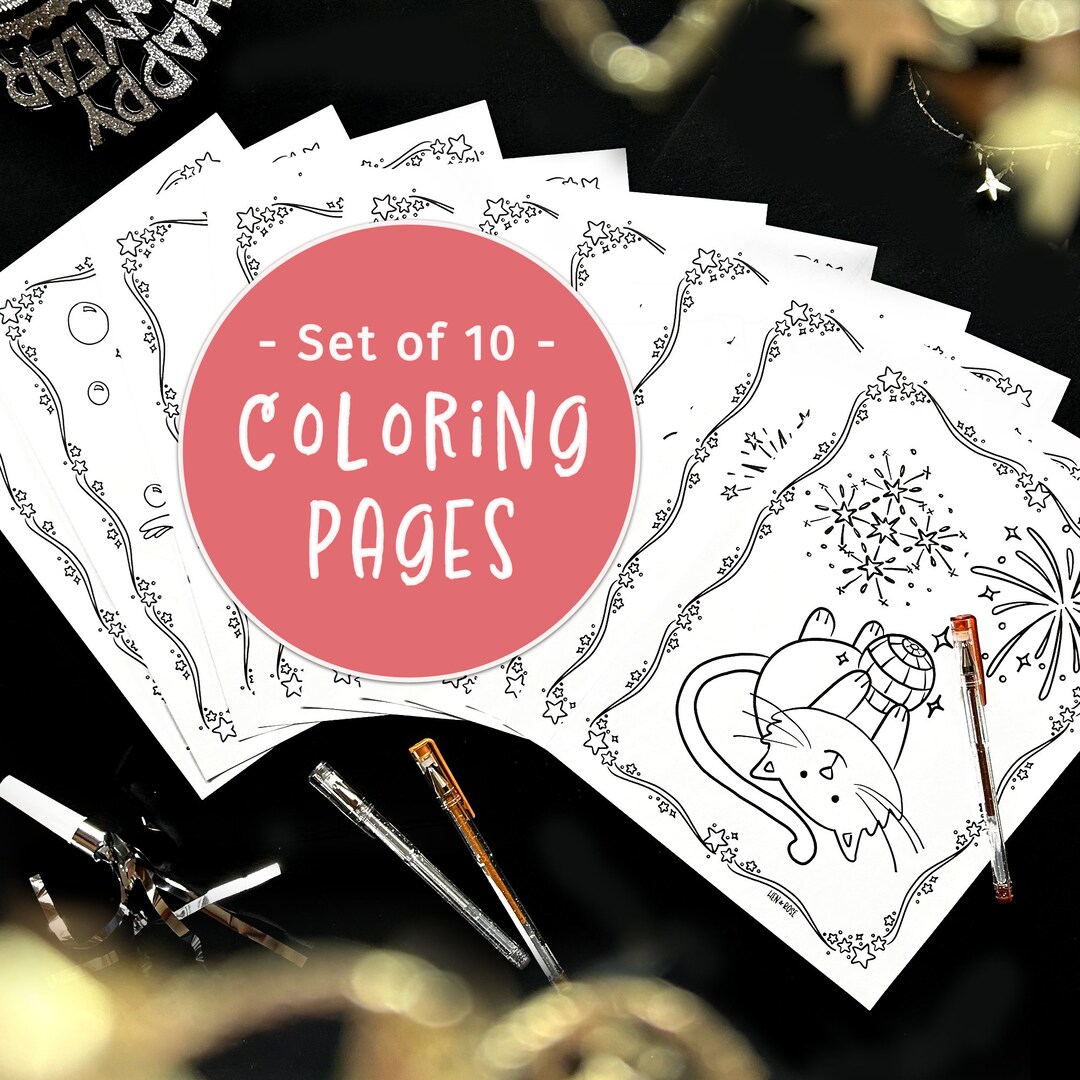 10 New Years Eve Coloring Pages Hand Drawn Illustrations Noon Years Eve ...