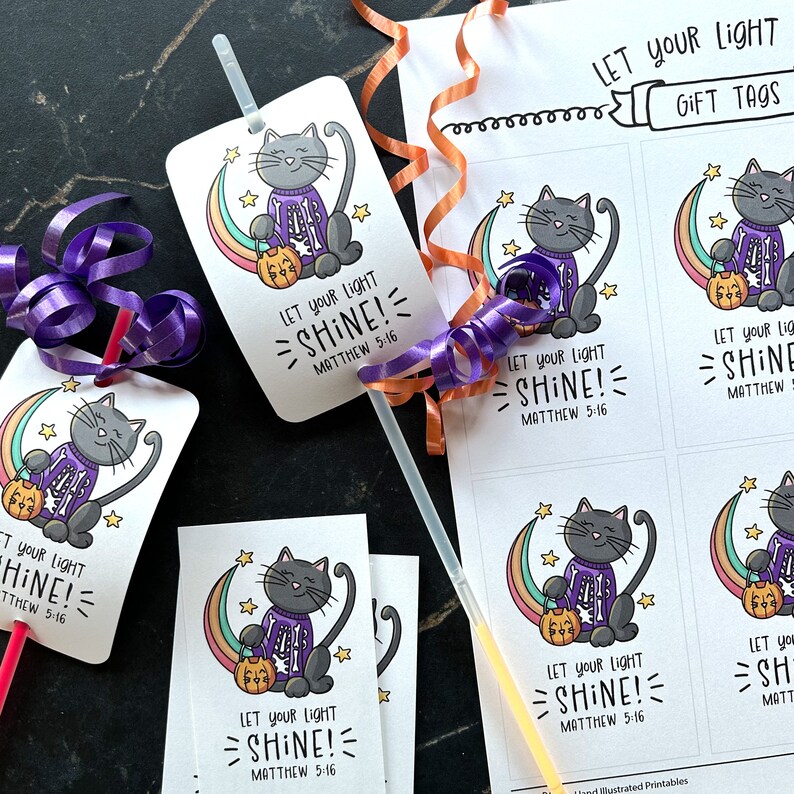Bible Verse Glow Stick Tags, Let Your Light Shine Printable, Cute Cat ...