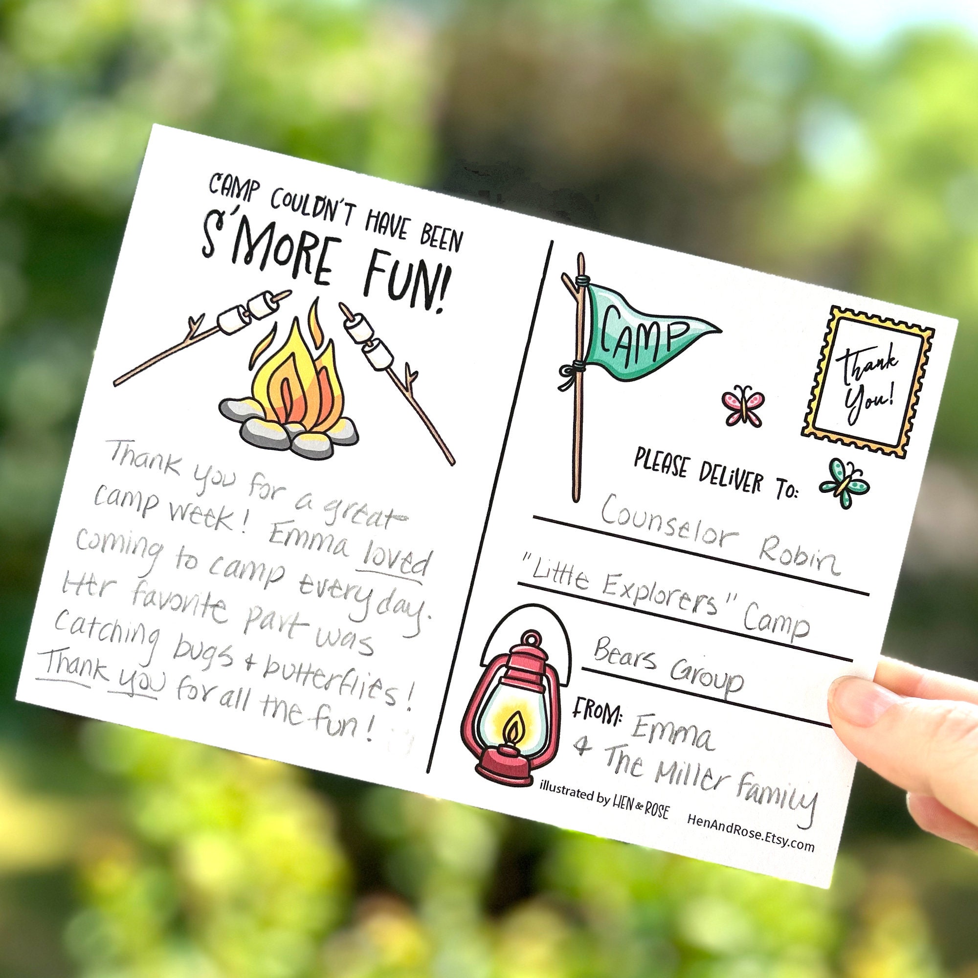 Printable Camp Thank You Card, Hand Drawn Counselor Postcard, Volunteer ...