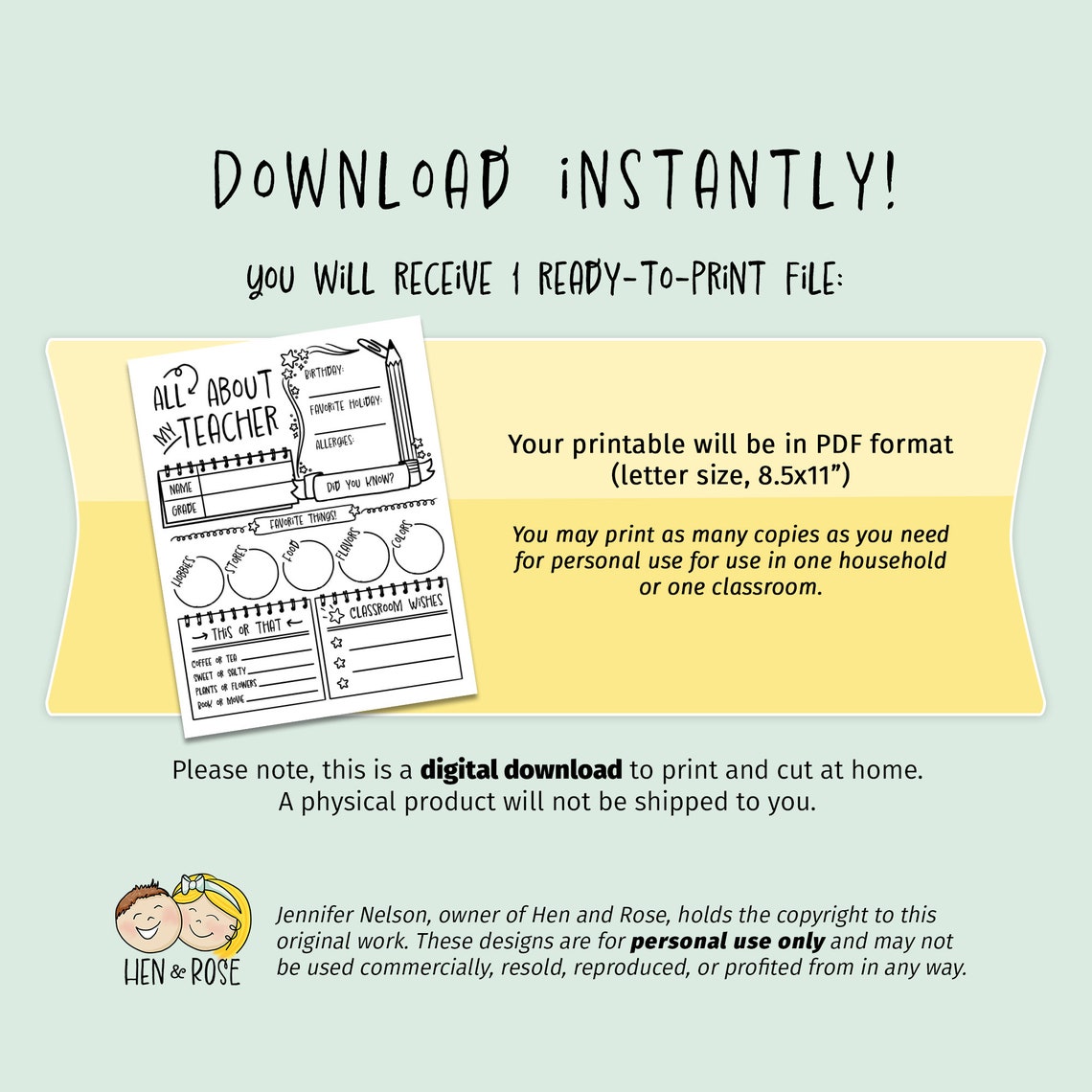 Teacher Favorite Things Worksheet, All About My Teacher Sheet, PTO ...