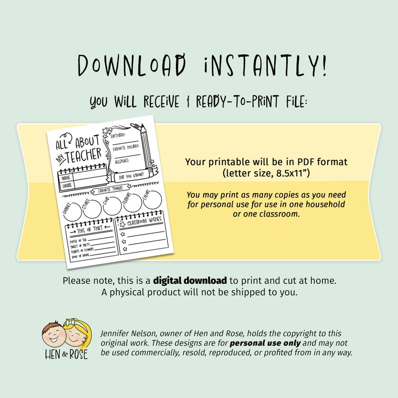 Teacher Favorite Things Worksheet, All About My Teacher Sheet, PTO ...