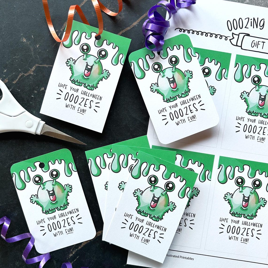 Cute Slime Monster Tags, Printable Halloween Alien Gift Tag, Hand Drawn ...