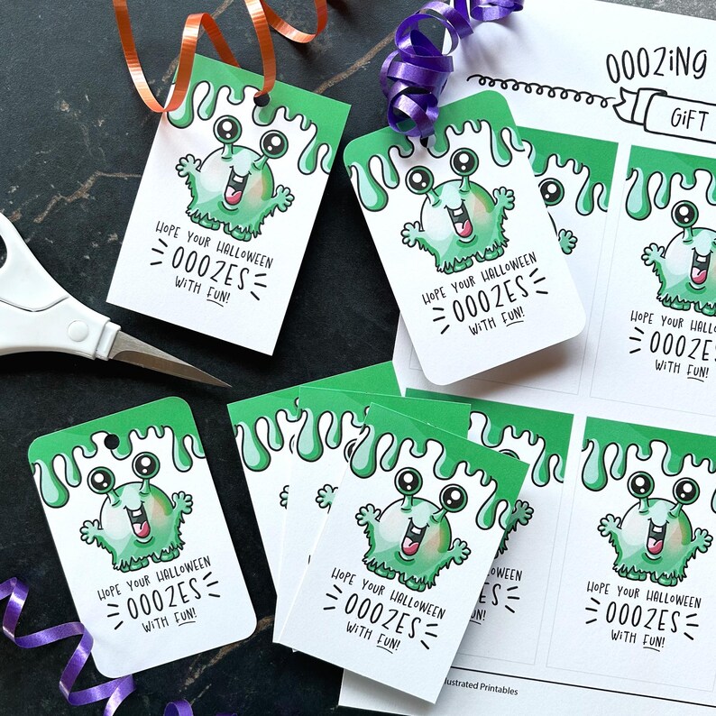 Cute Slime Monster Tags, Printable Halloween Alien Gift Tag, Hand Drawn ...