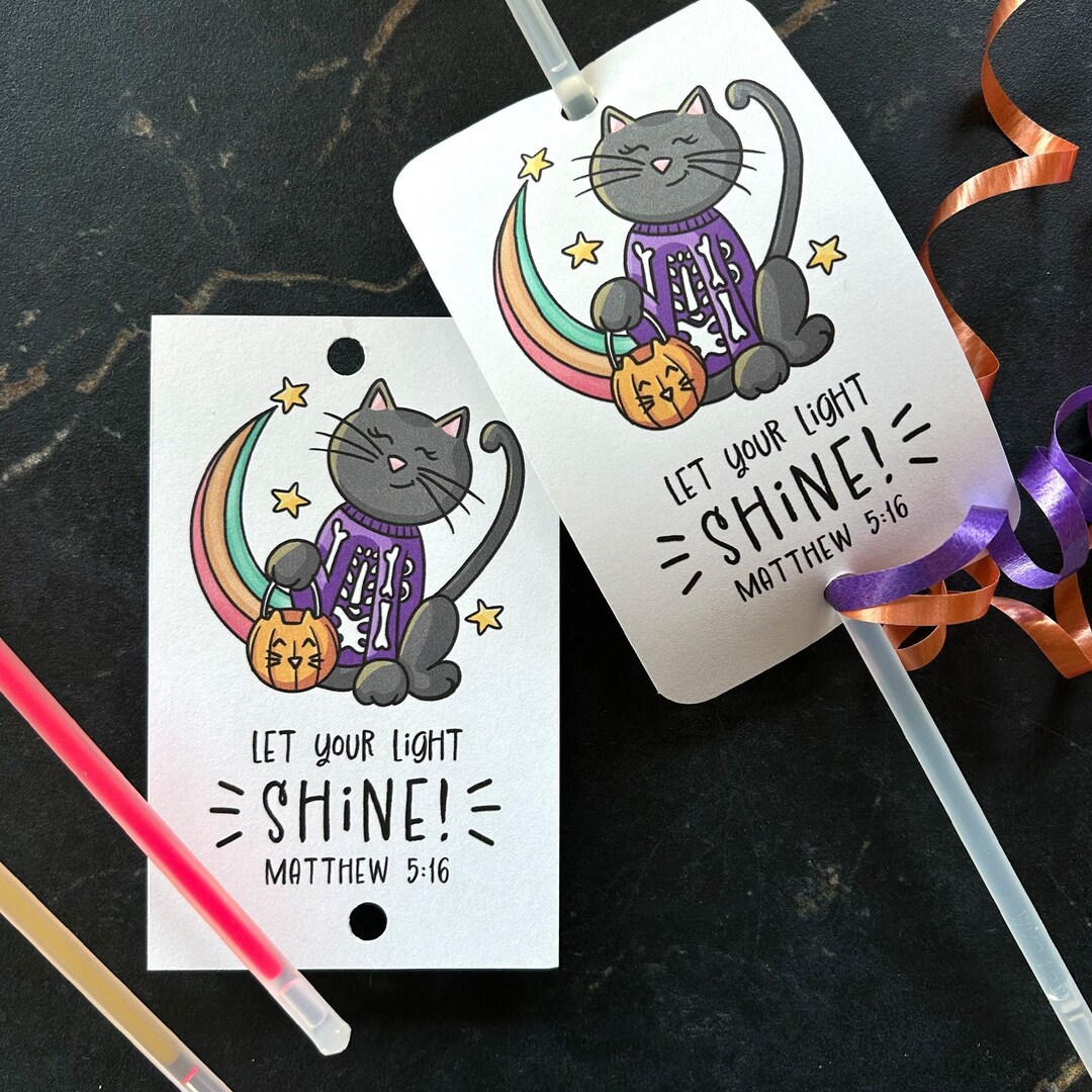 Bible Verse Glow Stick Tags, Let Your Light Shine Printable, Cute Cat ...