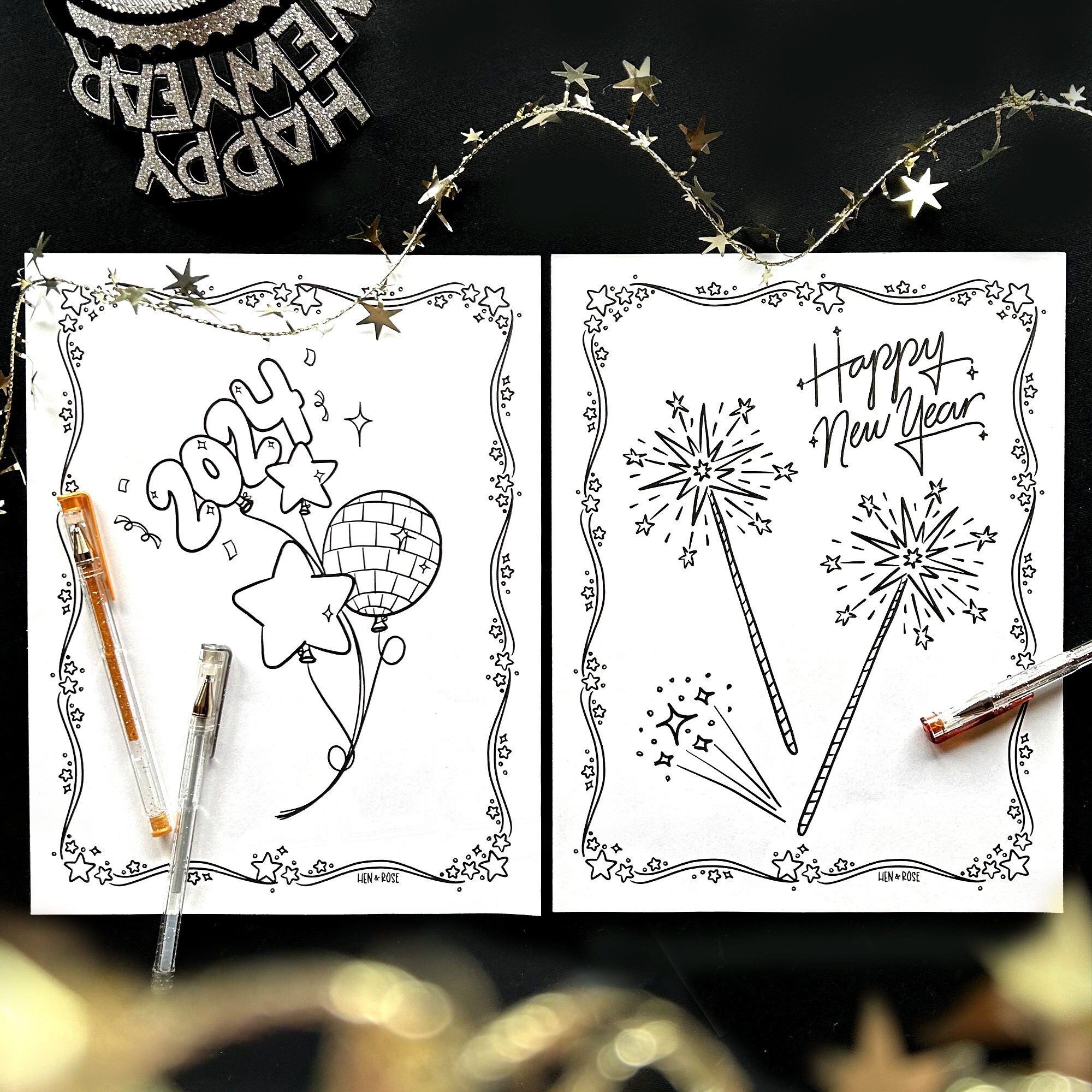 10 New Years Eve Coloring Pages Hand Drawn Illustrations Noon Years Eve ...