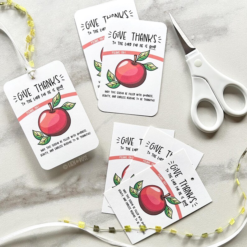Give Thanks Bible Verse Printable Tag, Fall Apple Teacher Blessing Card ...