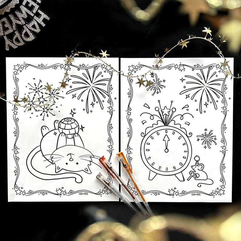 10 New Years Eve Coloring Pages Hand Drawn Illustrations Noon Years Eve ...
