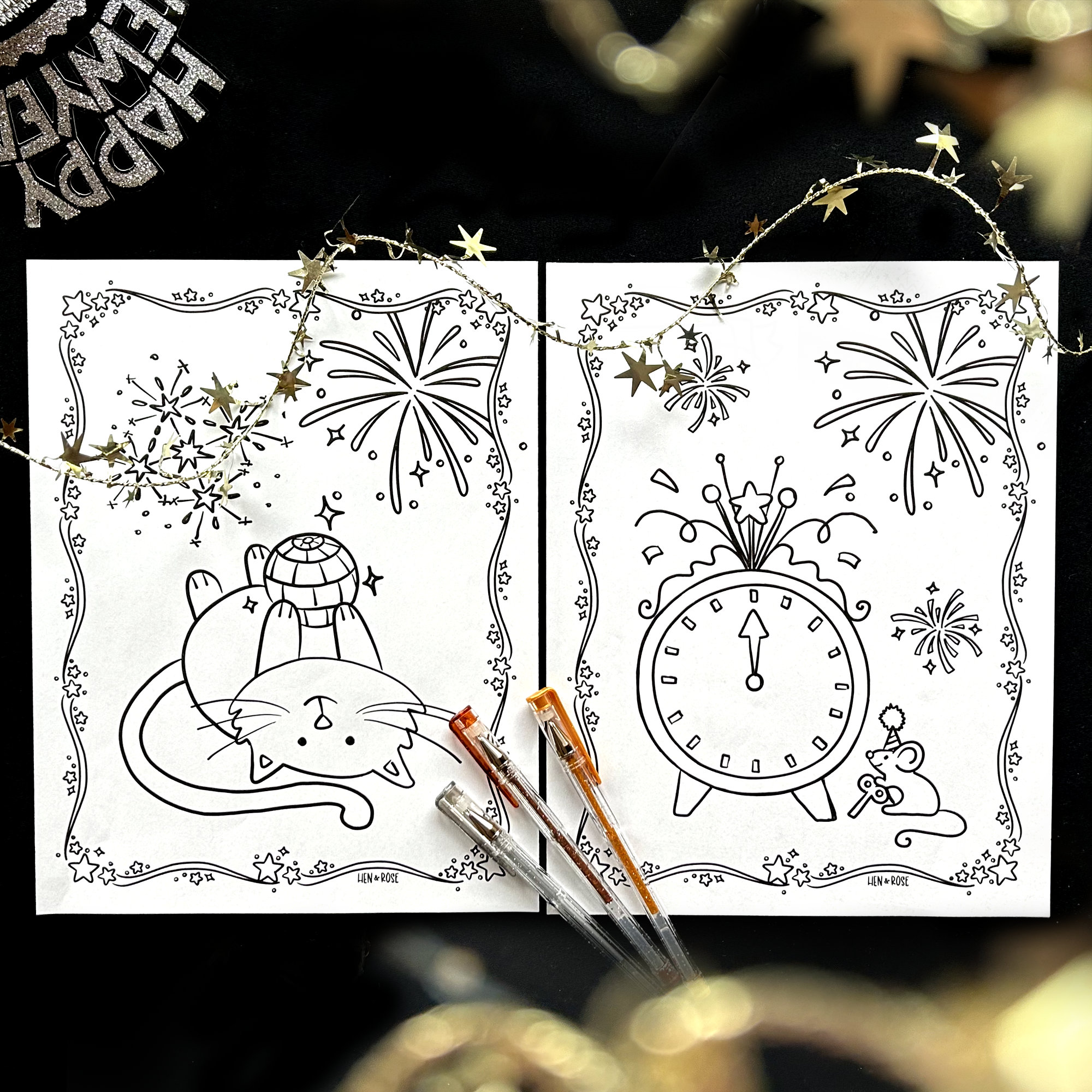 10 New Years Eve Coloring Pages Hand Drawn Illustrations Noon Years Eve ...
