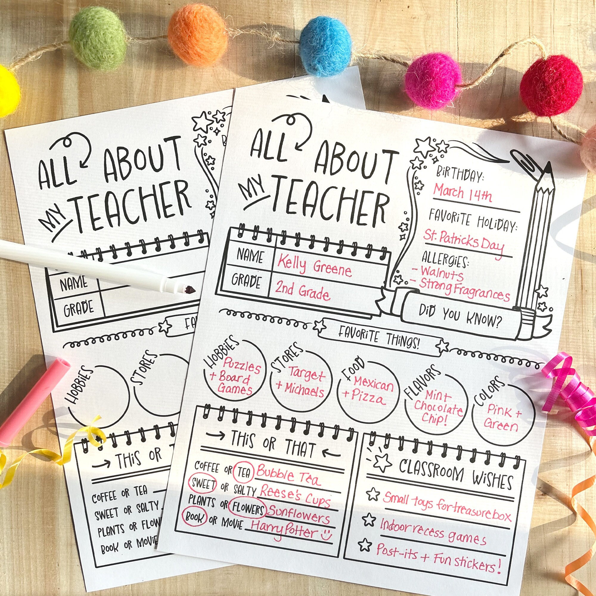Teacher Favorite Things Worksheet, All About My Teacher Sheet, PTO ...