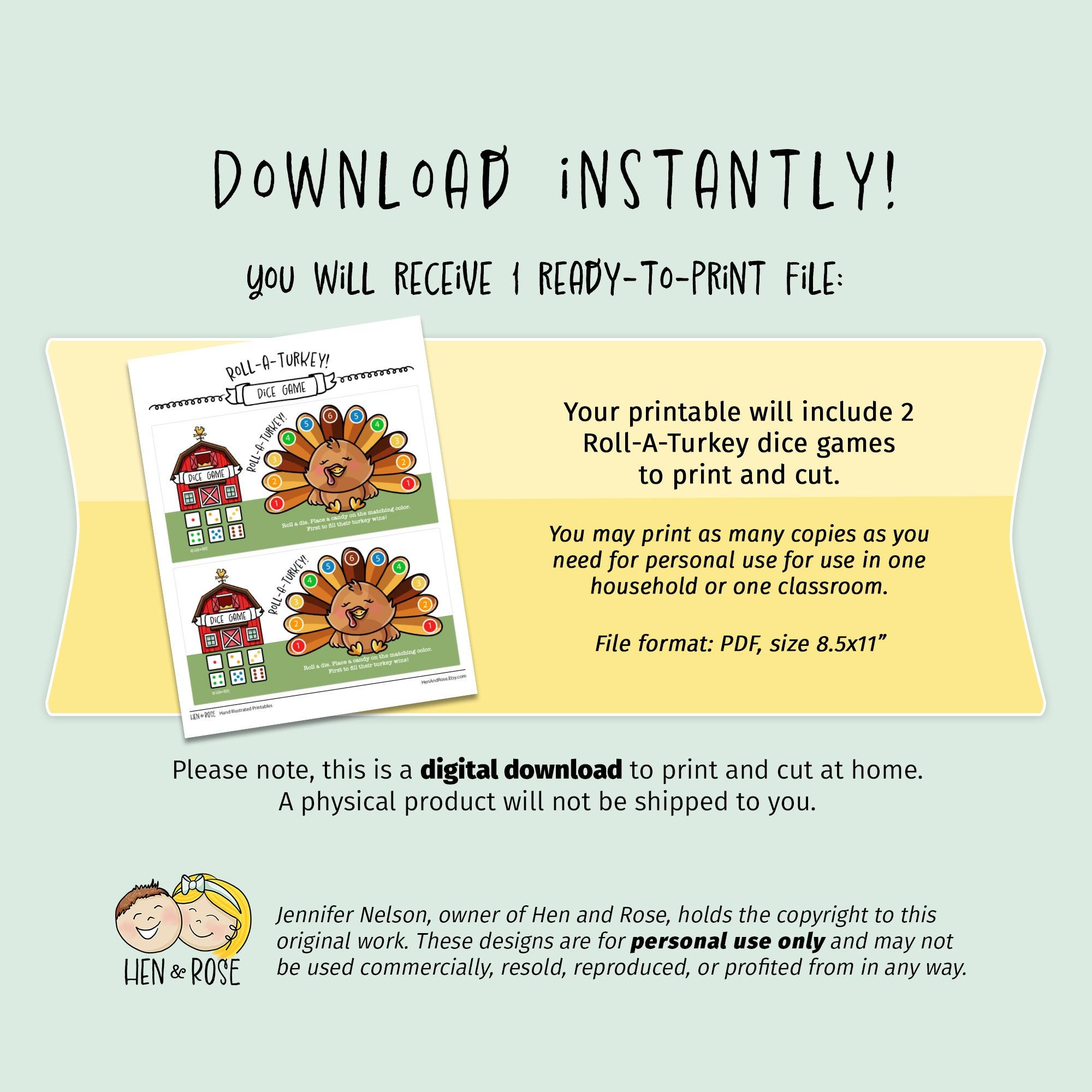 Roll A Turkey Dice Game Printable, Kid Thanksgiving Table Party Game ...
