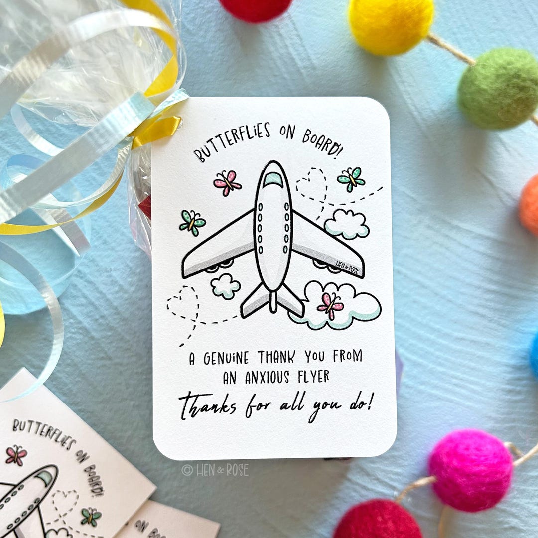 Anxious Flyer Printable Flight Attendant Thank You Card, Butterflies on ...