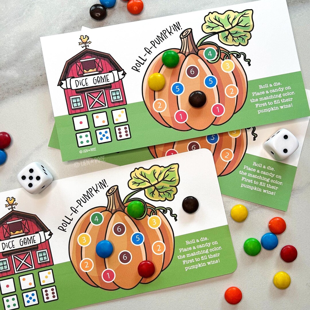 Roll A Pumpkin Dice Game Printable, Kid Thanksgiving Table Party Game ...