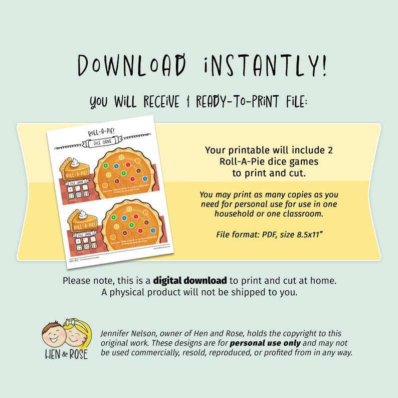 Roll A Pie Dice Game Printable, Kid Thanksgiving Table Party Game, Fall ...